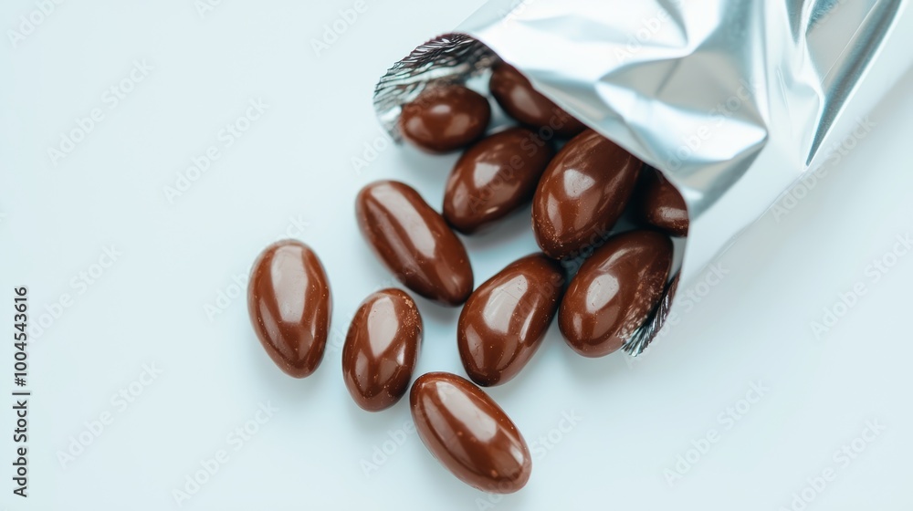 Zoomed-in view of chocolate-covered almonds jumbled inside a small ...