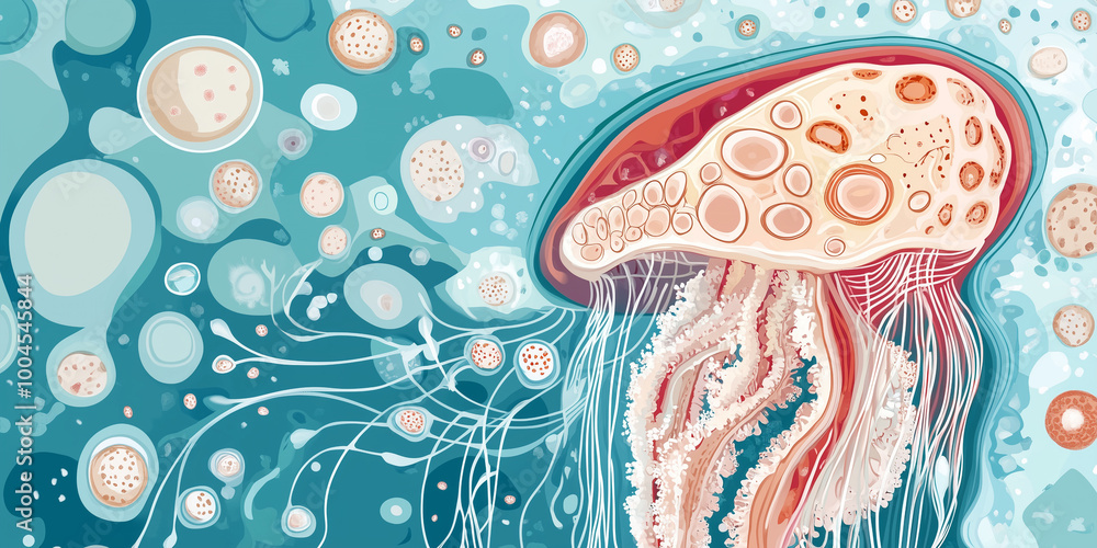Cross-section of jellyfish revealing internal structure and organs ...