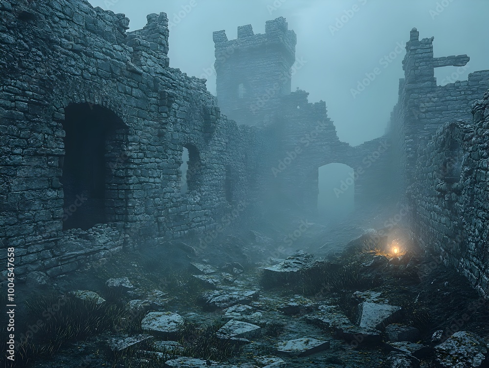 Weathered and crumbling medieval castle with stone walls shrouded in a ...