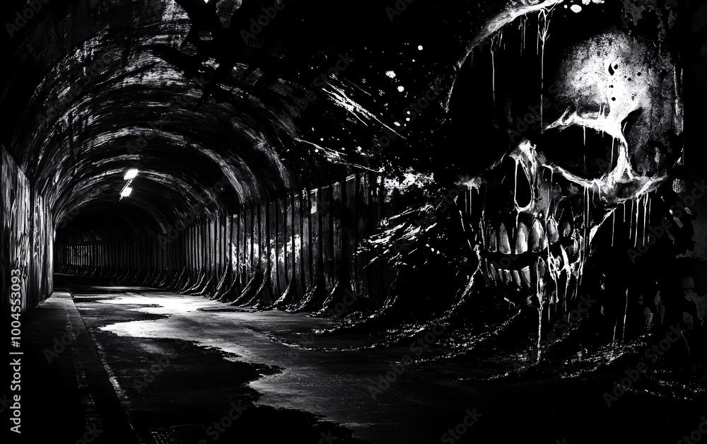 Eerie underground tunnel with horror-themed graffiti and blood-red ...