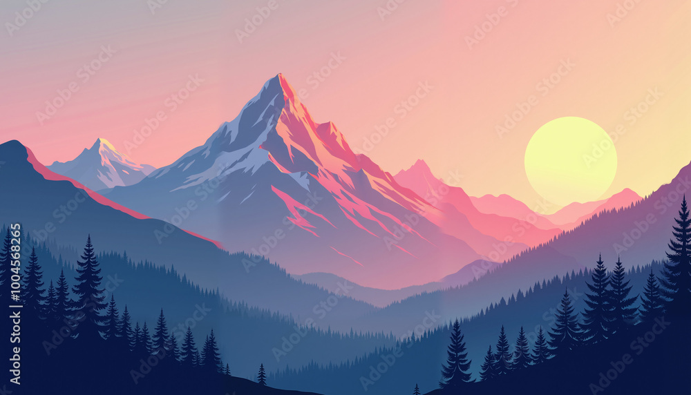 Mountain peak view landscape with sunrise soft light. Flat 2d vector ...