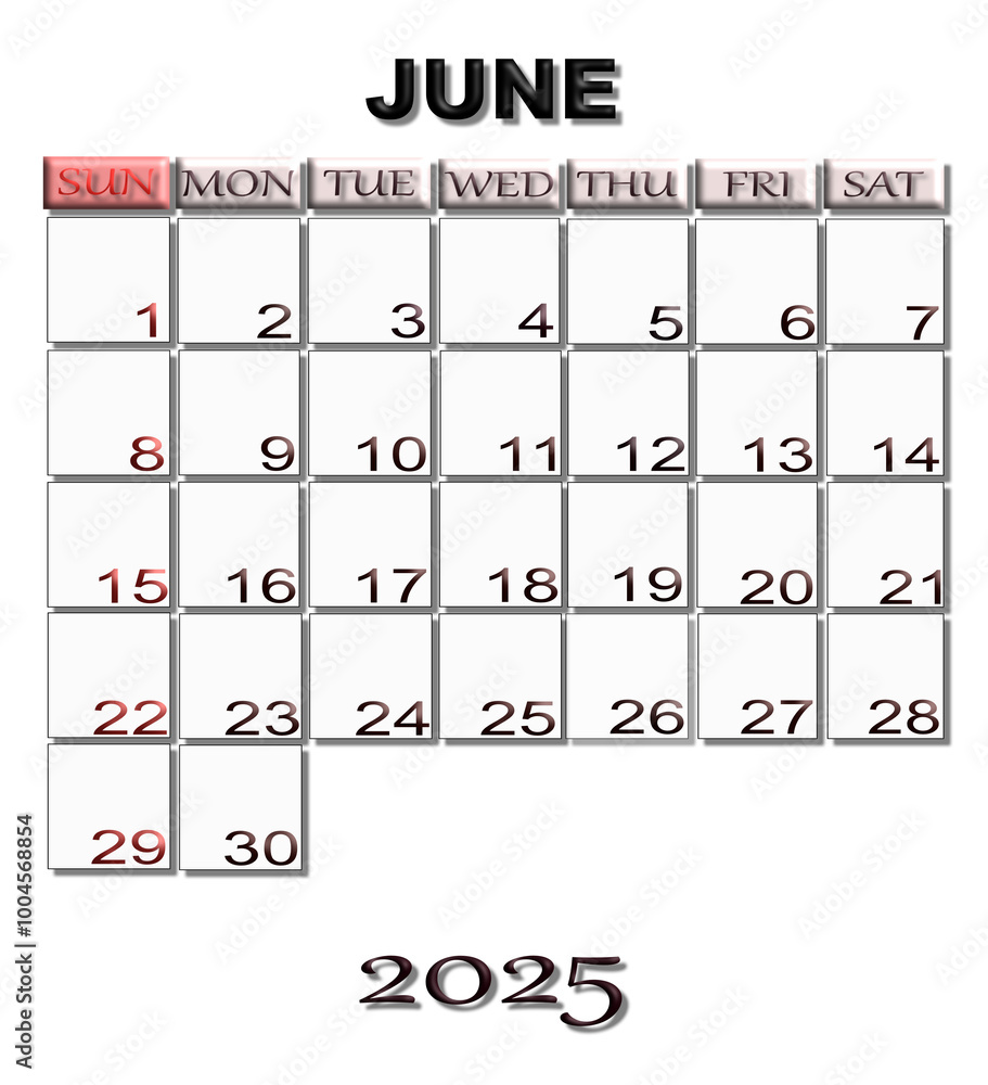 June 2025 calendar isolated on transparent background in PNG format ...