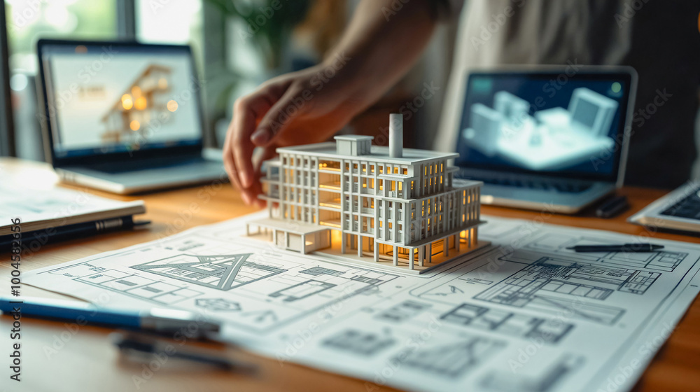 Foto de Stock Architectural Model Review on Digital Design Plans, A ...