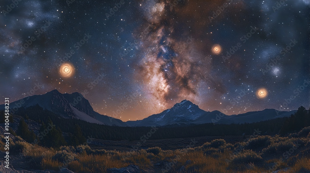 Glittering starry night sky illuminating a tranquil mountain wilderness ...