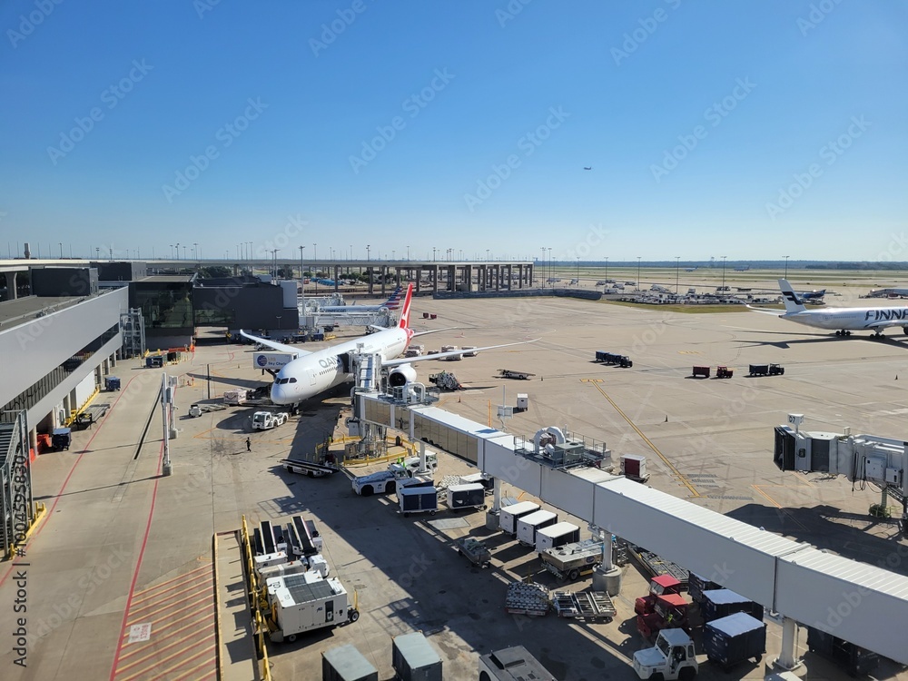 Exterior view of a Qantas Boeing 787 aircraft at Dallas Ft. Worth ...