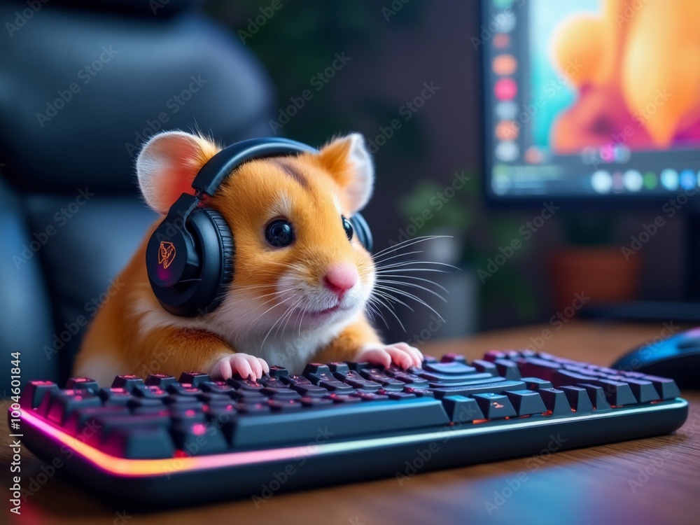 Cute hamster wearing headphones typing on gaming keyboard in a playful ...