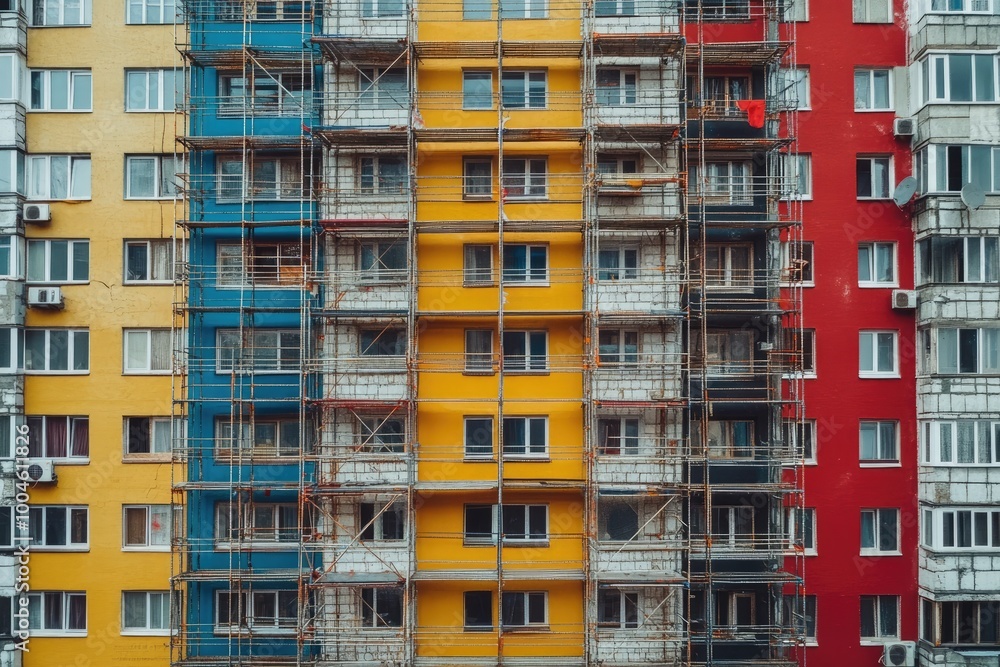 Apartment building under construction. This photo shows a multi-colored ...