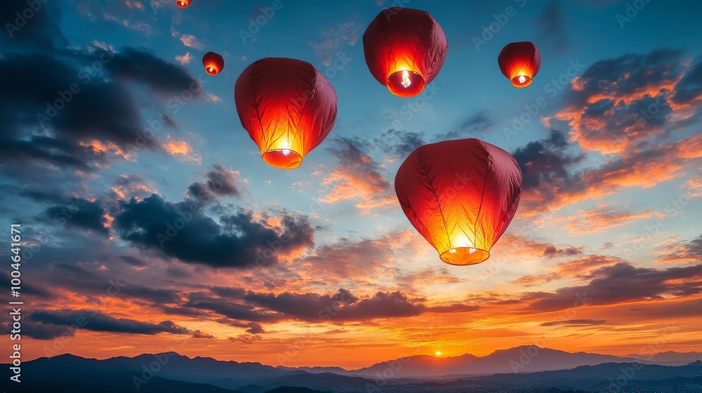 Beautiful lanterns float in the sky at sunrise during the Pingxi Sky ...