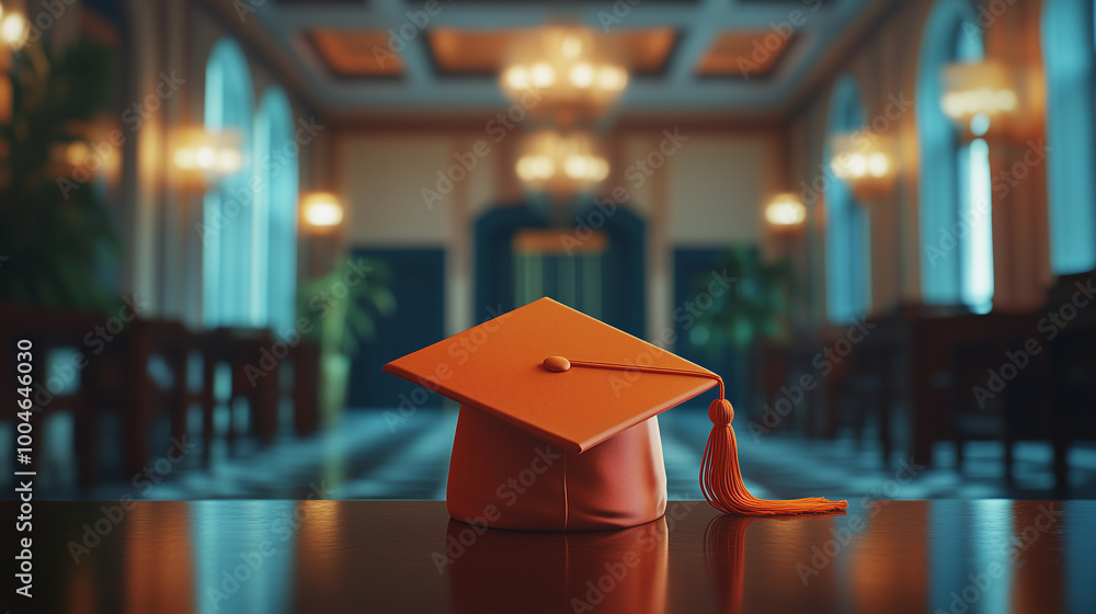 Orange Graduation Cap on a Table in a Grand Hall Stock Illustration ...