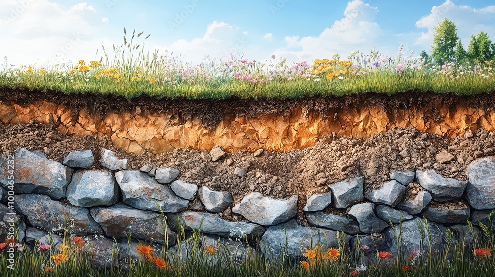 detailed cross-section showing soil layers and grass on top, focusing ...