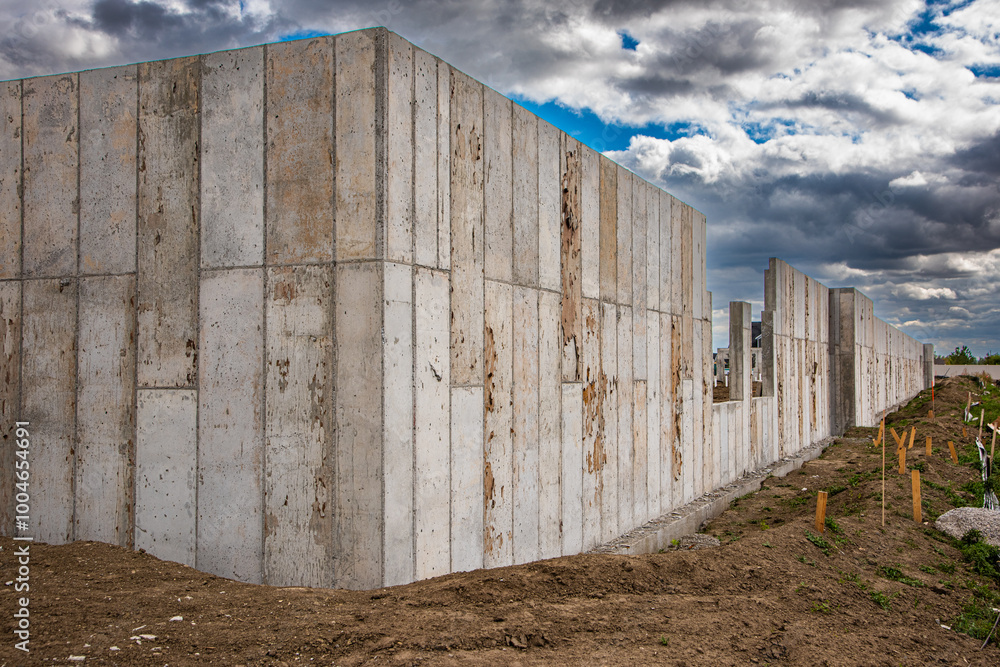 Concrete first floor wall on top of footings make the beginning of four ...