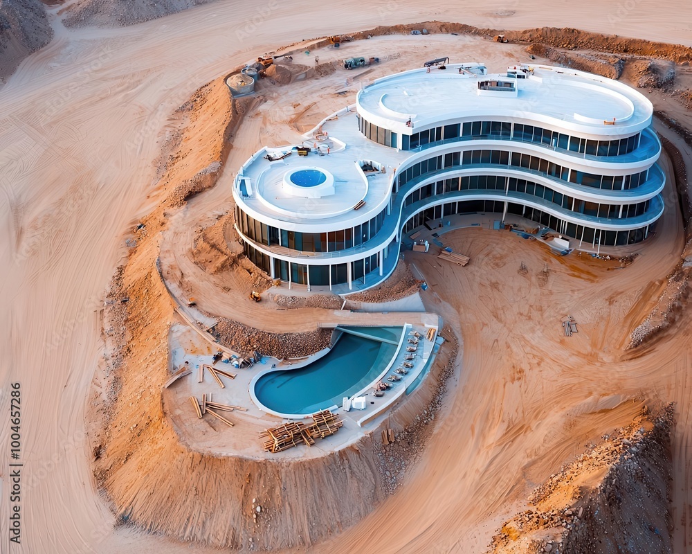Ilustração Desert hotel construction, sandy terrain, futuristic ...