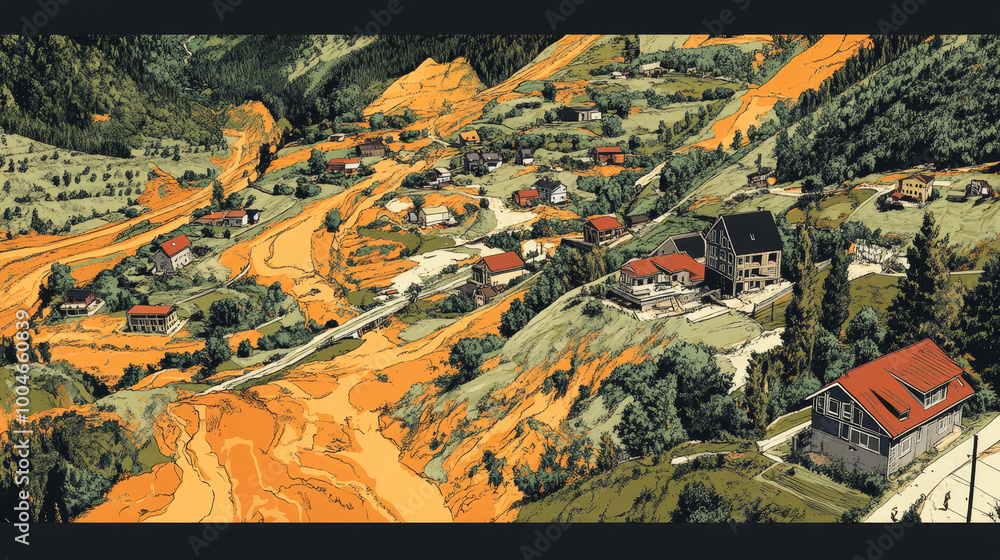 "Emergency hazard map depicting areas at risk of landslides and floods ...