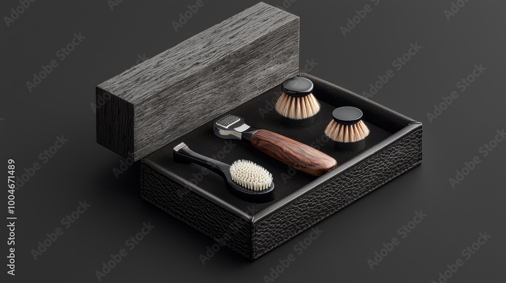 High-end shaving kit packaging, with wood grain and leather textures to ...
