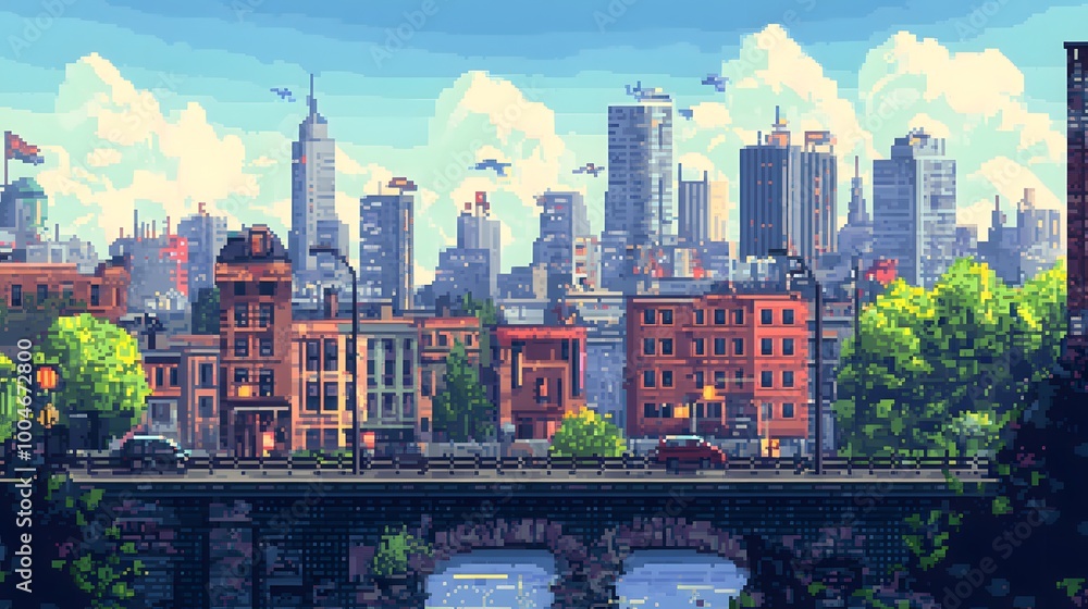 cartoon pixel art cityscape game background.generative ai Stock ...