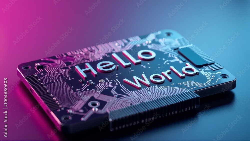Motherboard Circuits Displaying 'HELLO WORLD', Programming and Coding ...