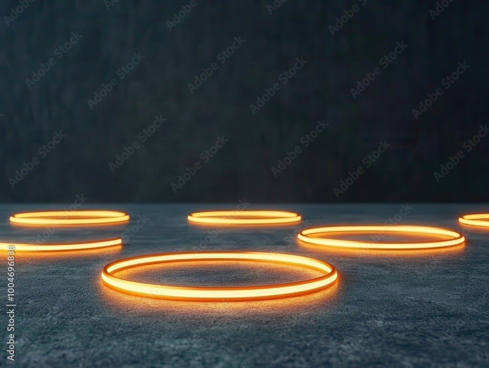Series of glowing rings forming integral symbols, suspended in a ...