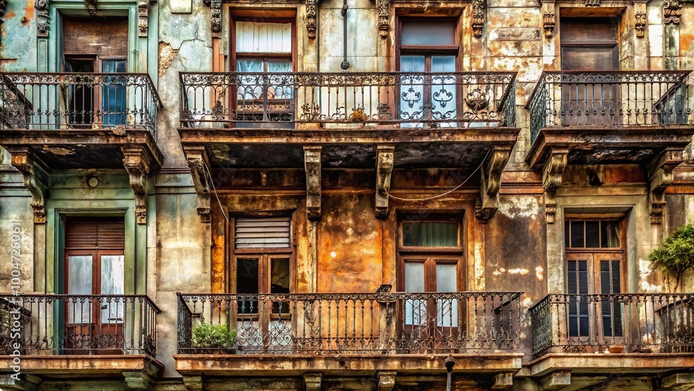 Worn, vintage apartment building facade with ornate details, rusty ...