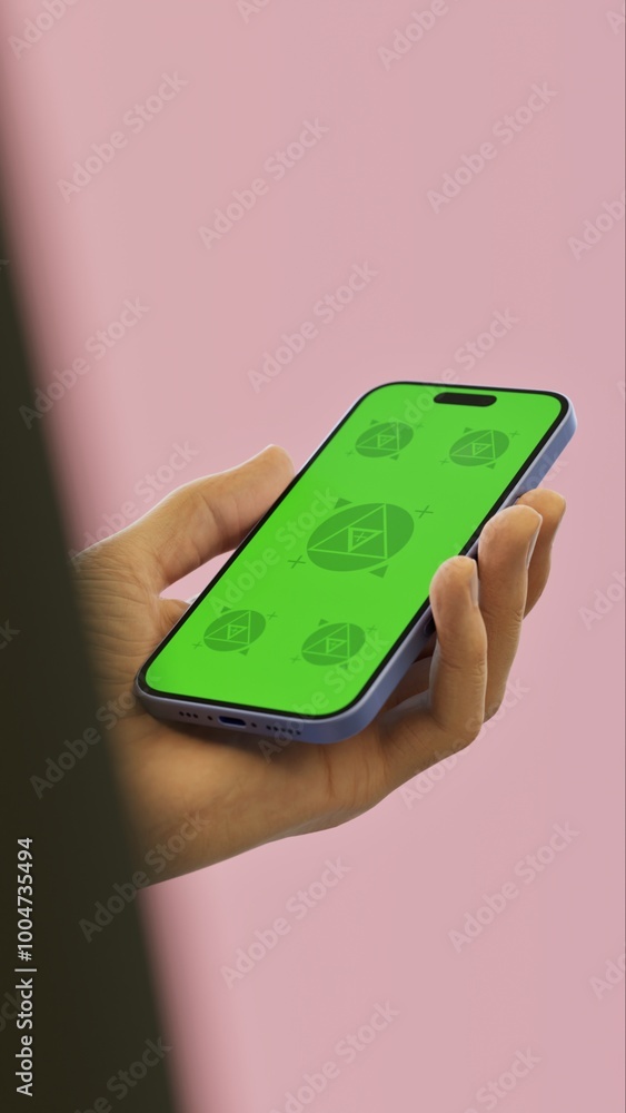 Caucasian White middle aged male using smartphone with a blank green ...