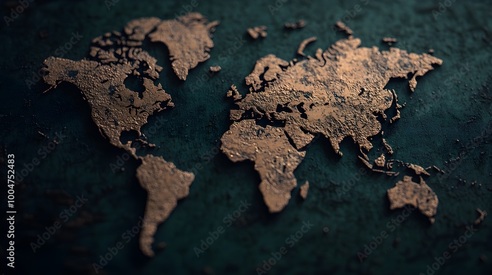 Detailed World Map with Metallic Texture on Dark Background in Embossed ...