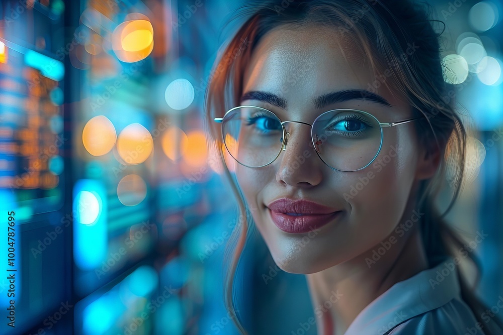 Stylish professional woman in glasses and tidy beard smiles while ...