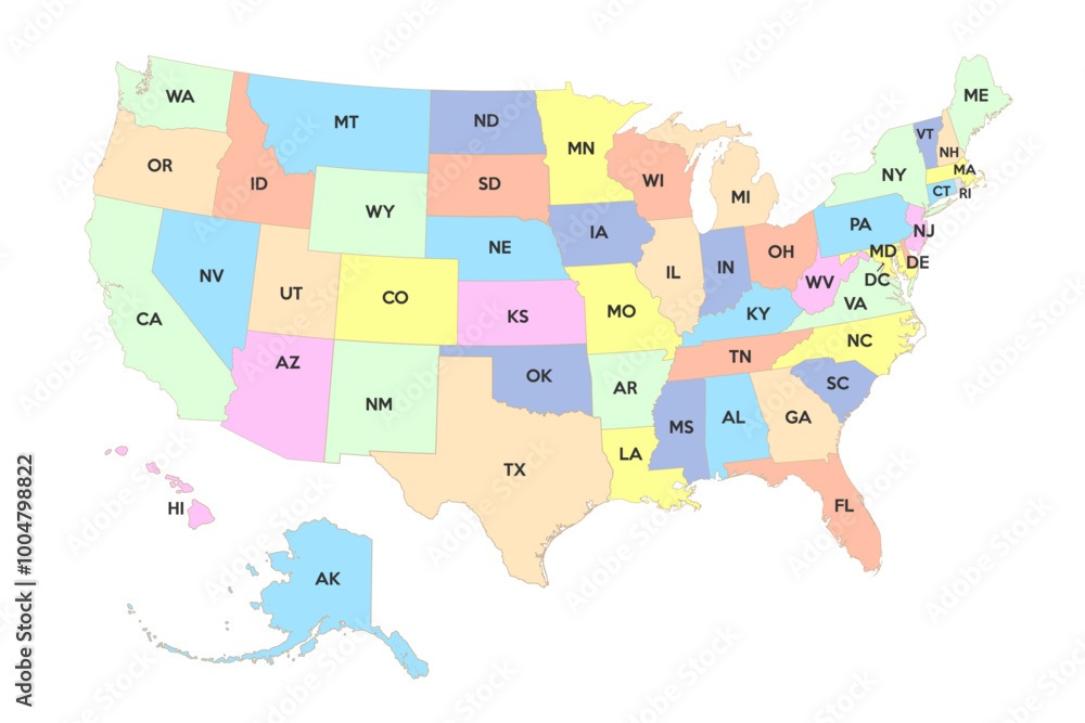 Map of the United States. Detailed map of the USA with state borders ...