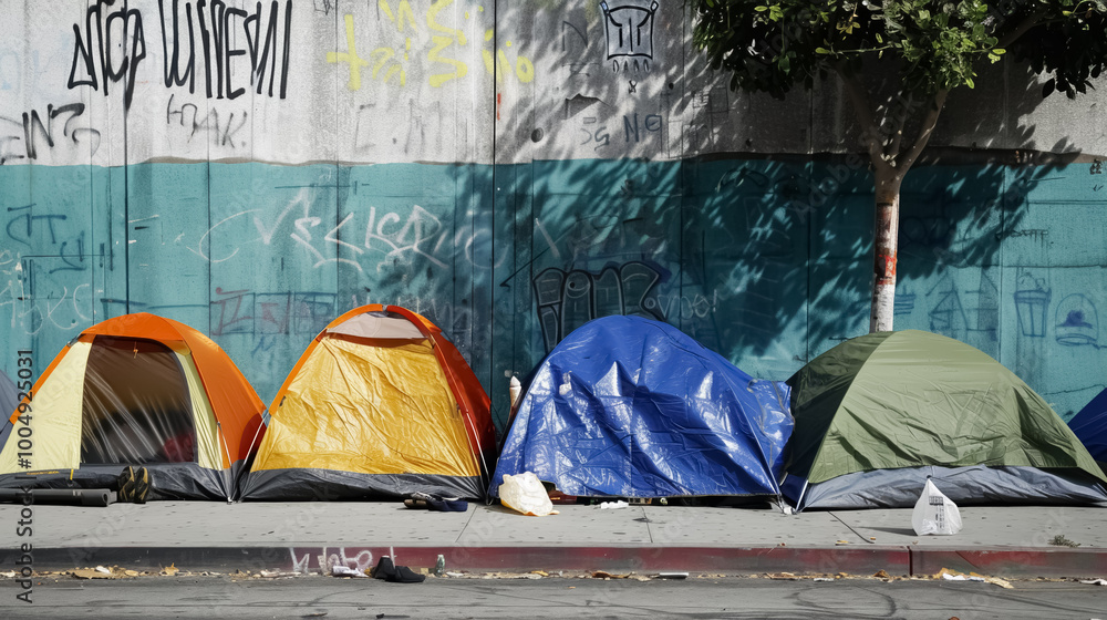 homeless tents line in bustling american city, highlighting ...