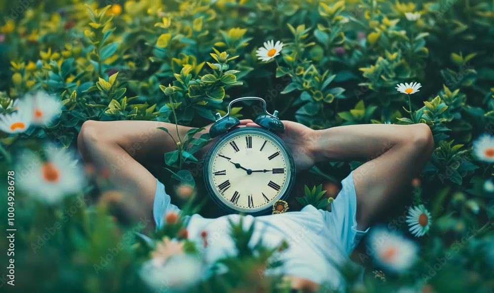 person with alarm clock head, work life balance concept, rest and ...