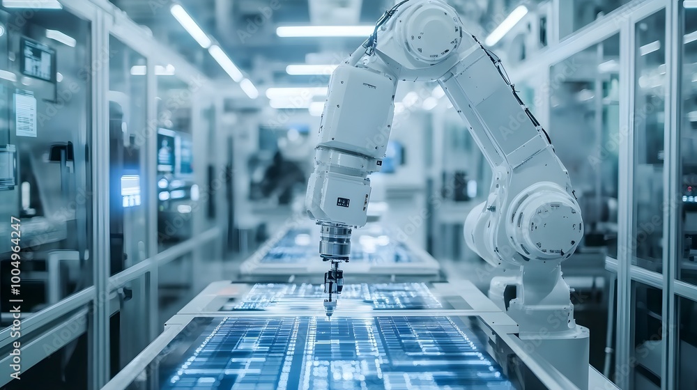 High-tech interface in a futuristic automated factory, real-time data ...