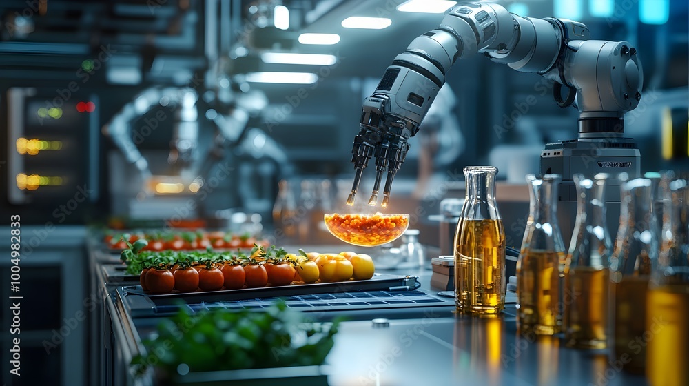 Illustration Stock Holographic food samples rotating above a table ...