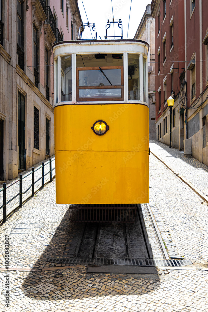 Funicular tram at Gloria Elevador route in Lisbon, Portugal Stock Photo ...