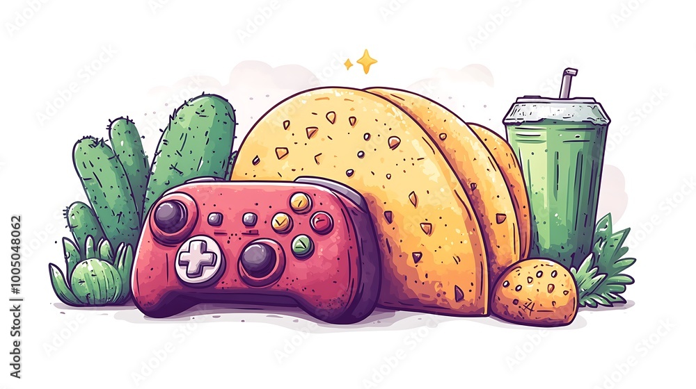 Gaming Setup with Tacos and a Cactus, Video Game Controller, Taco ...