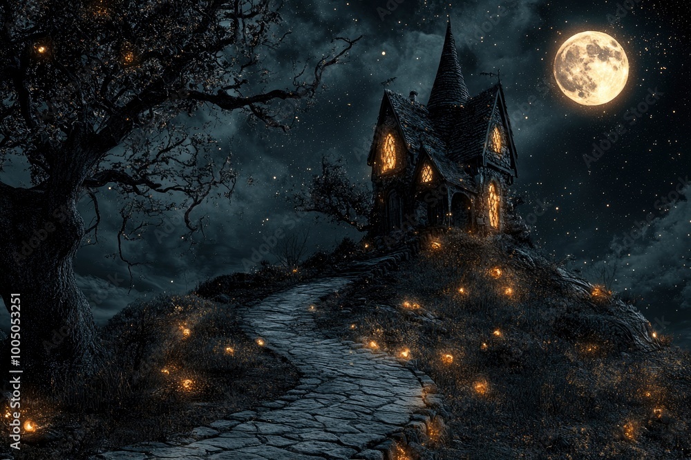 Witch house on the hill. Halloween background for festive design mockup ...