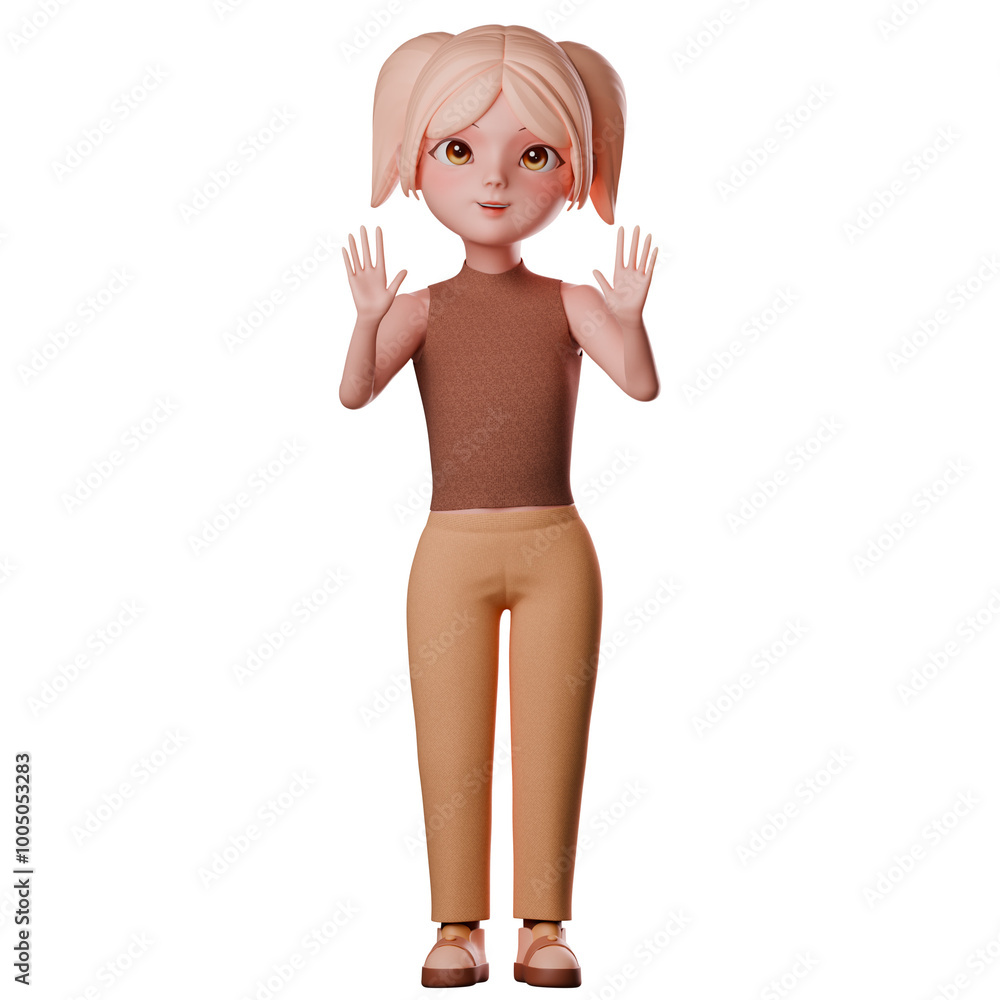 Chibi girl with pigtail hairstyles. greeting gesture, raise both hands ...