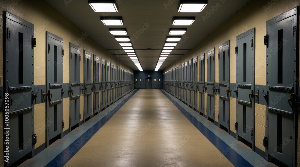 Prison corridor interior with rows of cells and locked doors ...