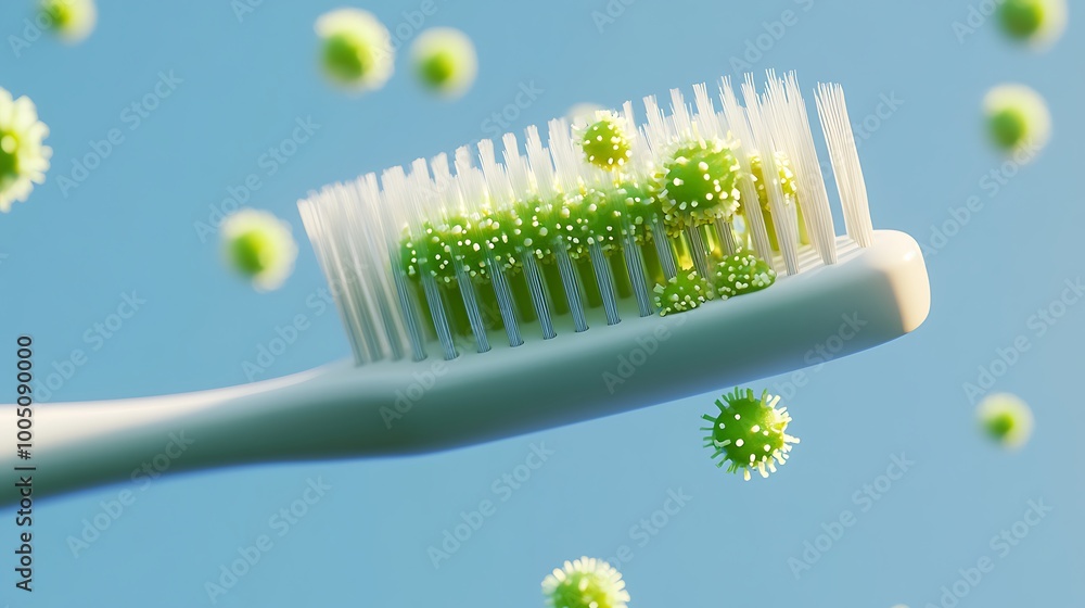 Upclose view of a toothbrush infested with cartoonish green bacteria ...