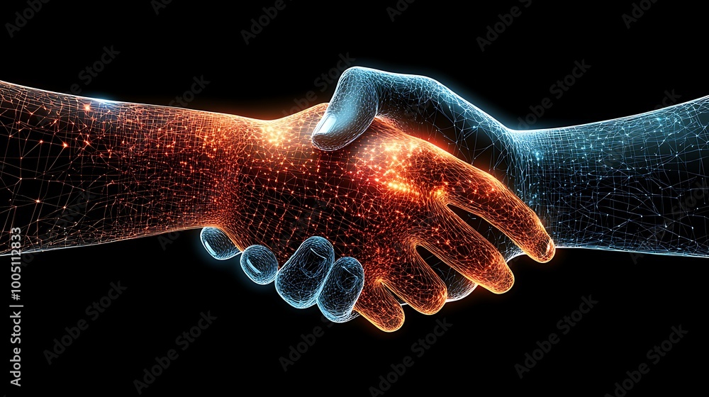 A futuristic interpretation of a handshake between two glowing ...