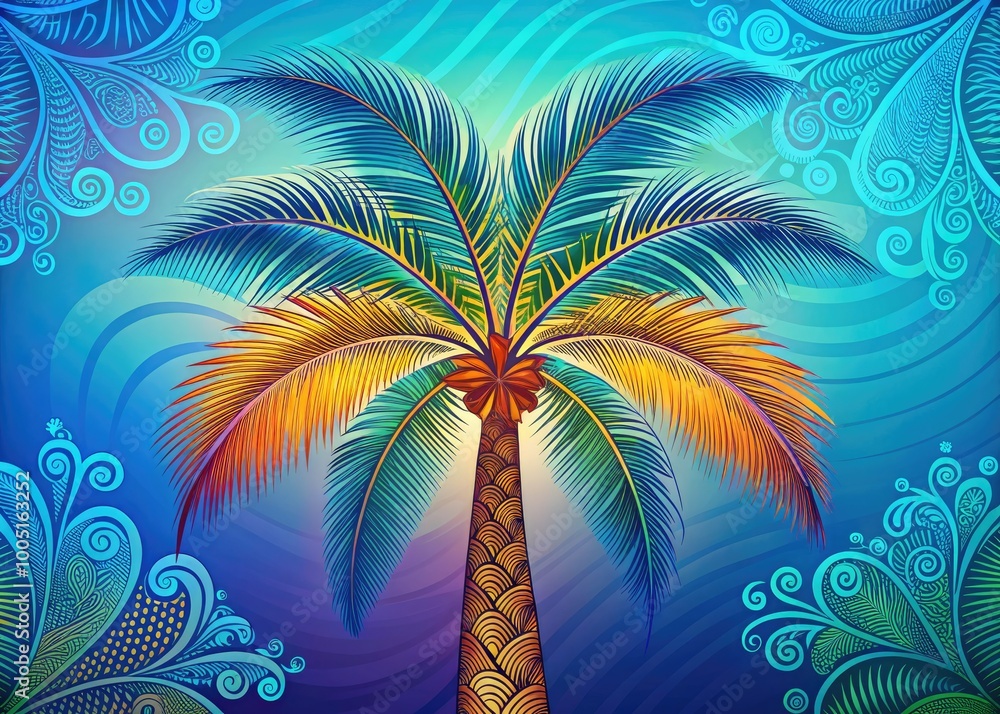 Vibrant illustration of a stylized palm tree with intricate details and ...