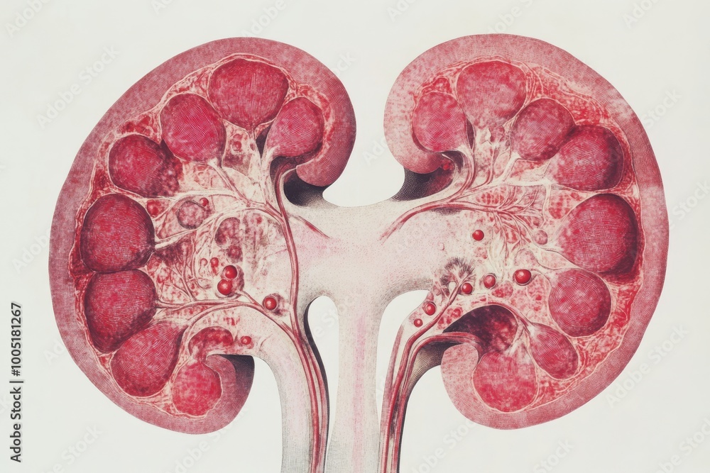 Detailed crosssectional illustration of the human kidneys showing ...