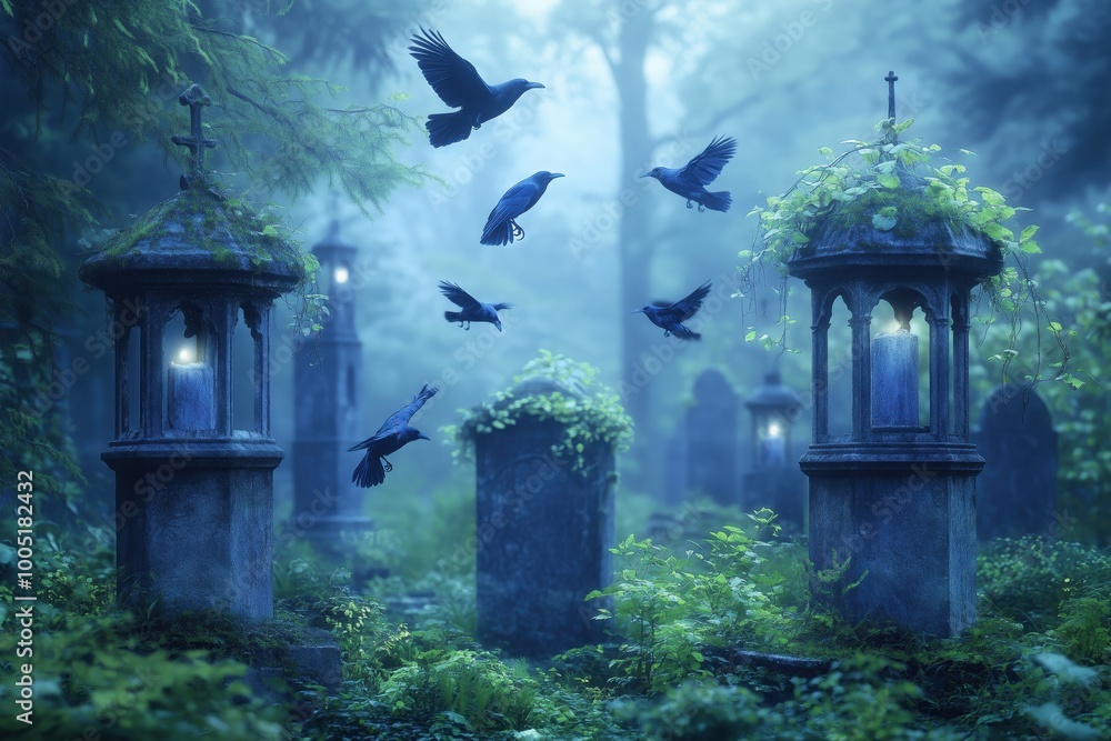 Eerie Cemetery: A haunting scene of ravens soaring through a misty ...