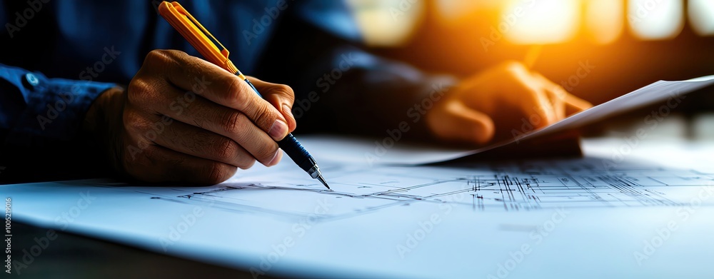 Engineer reviewing product blueprints while comparing with the final ...