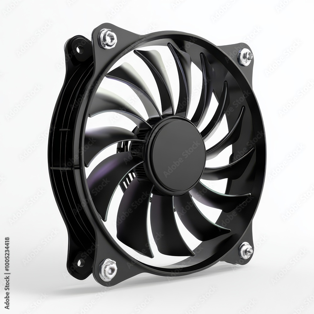 Black computer cooling fan with multiple blades on white background ...