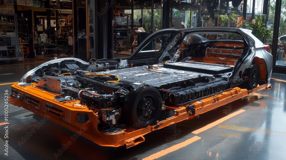 Detailed view of a modern electric car frame, showcasing battery ...