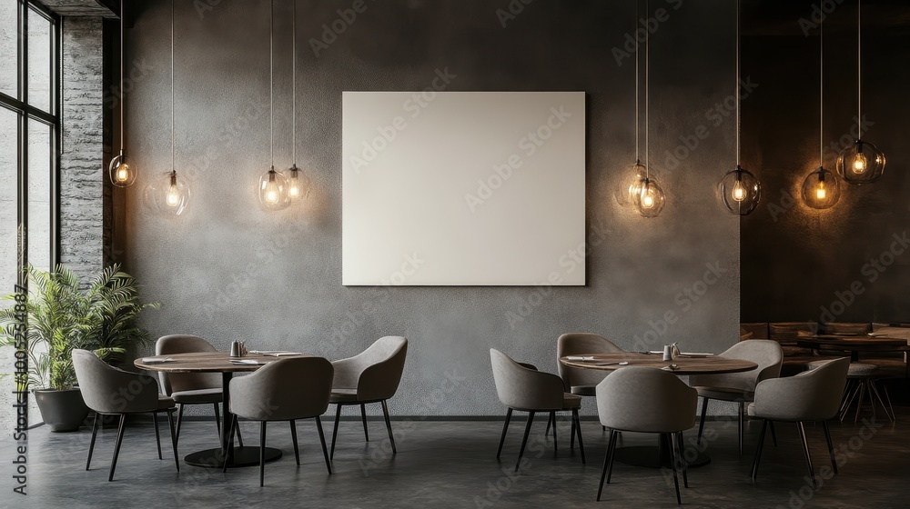Modern Restaurant Interior Design with Grey Walls, Wooden Table, and ...