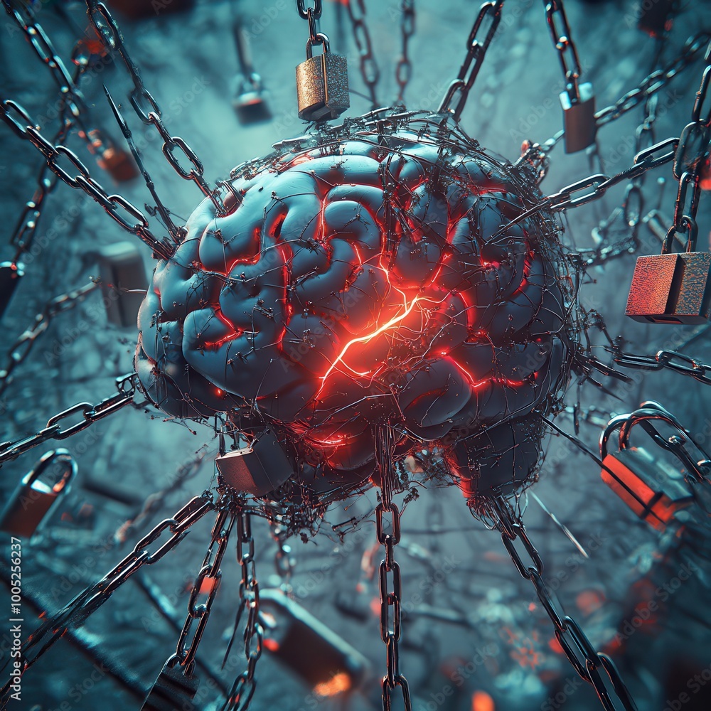 Brain Trapped in Chains, Glowing Red, Metal, Conceptual Art, Abstract ...