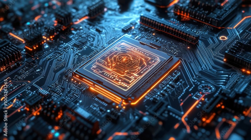 2025 embedded in an advanced, futuristic motherboard, with circuits ...