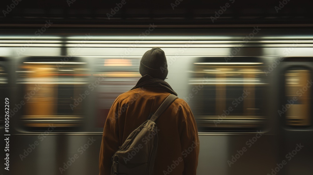 Person in a coat and backpack waiting for a subway train in motion ...