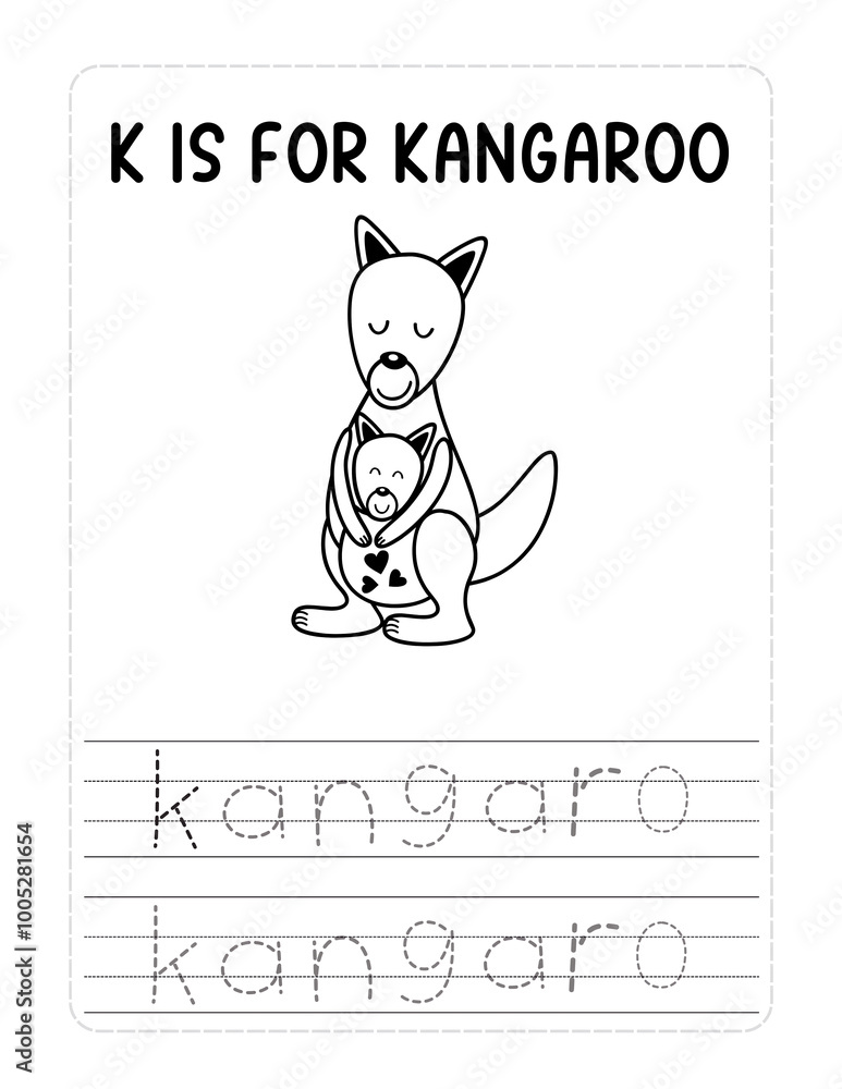 "K is for Kangaroo," a kids' coloring book page, features a cute ...