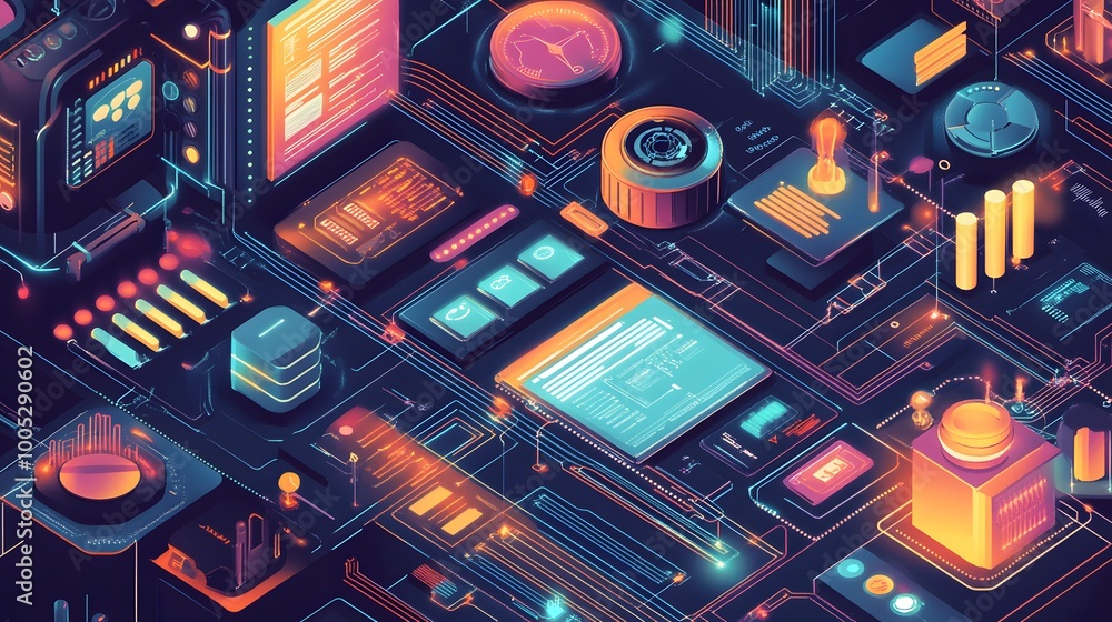 Isometric vector illustration of a tech ecosystem, with detailed ...