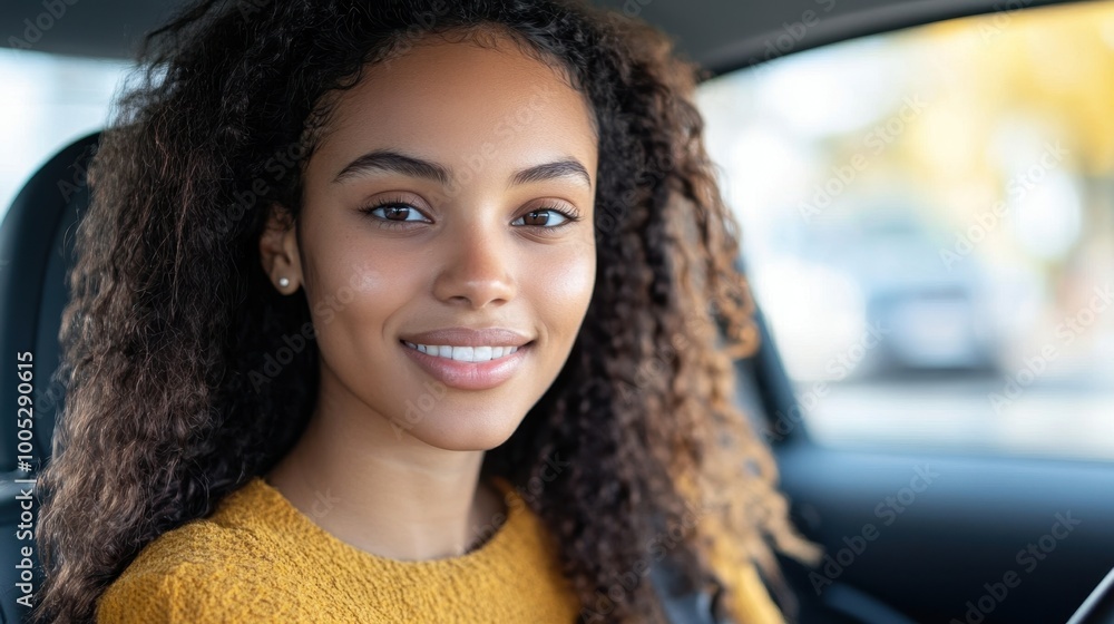 Pretty curly-haired afro teenage student driver in a car with a smile ...